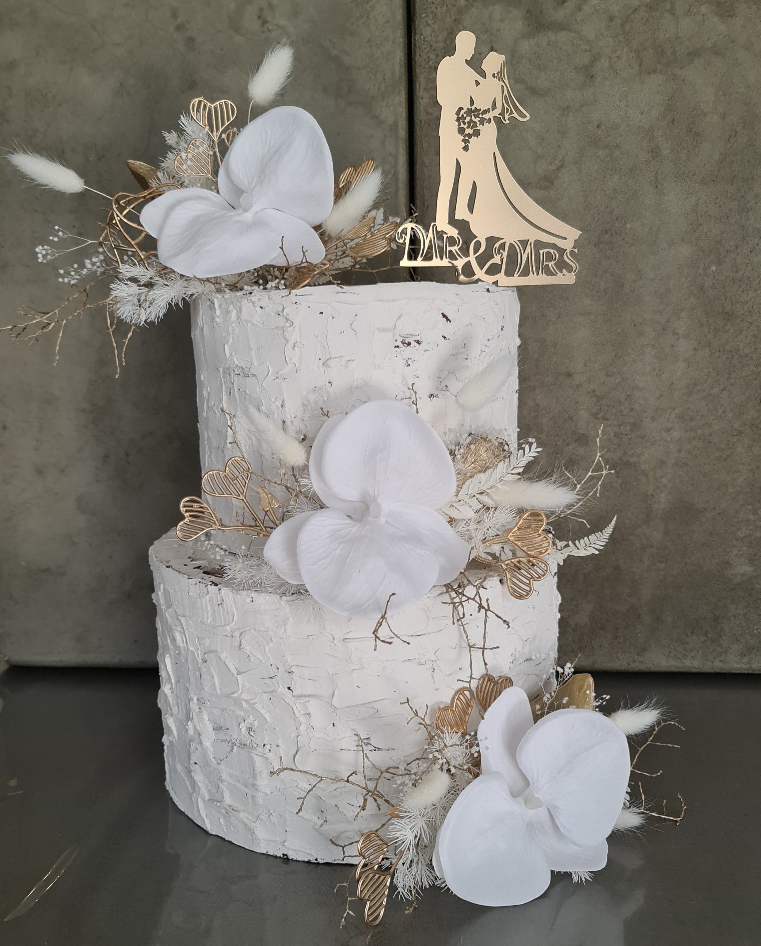 Everlasting flowers - white orchid triple cake toppers / white & gold ...