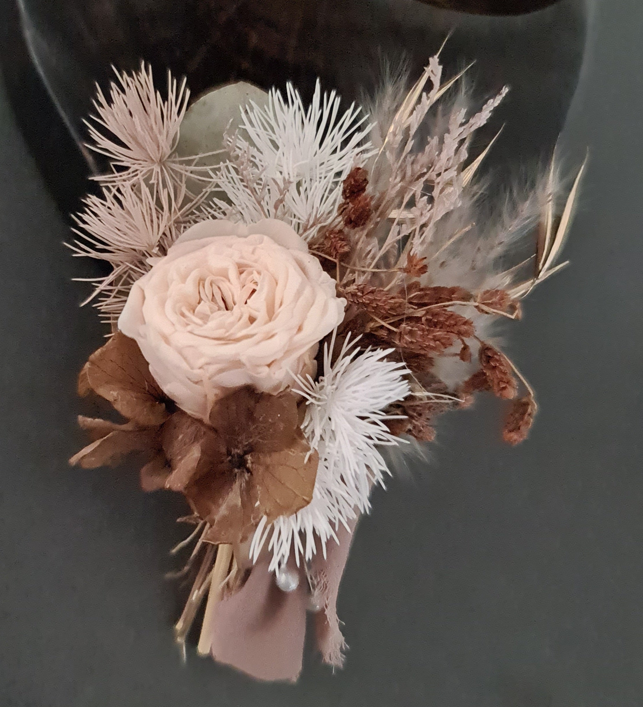 Groom's Mini preserved peony buttonhole - neutral & brown - Wedding ...