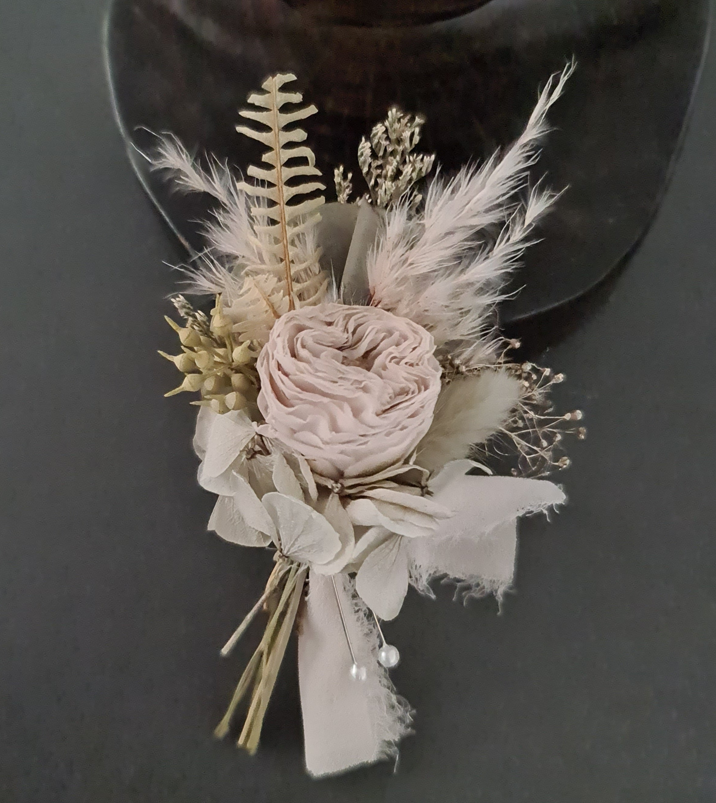 Groom's mini preserved peony buttonhole - sage green, olive neutral ...